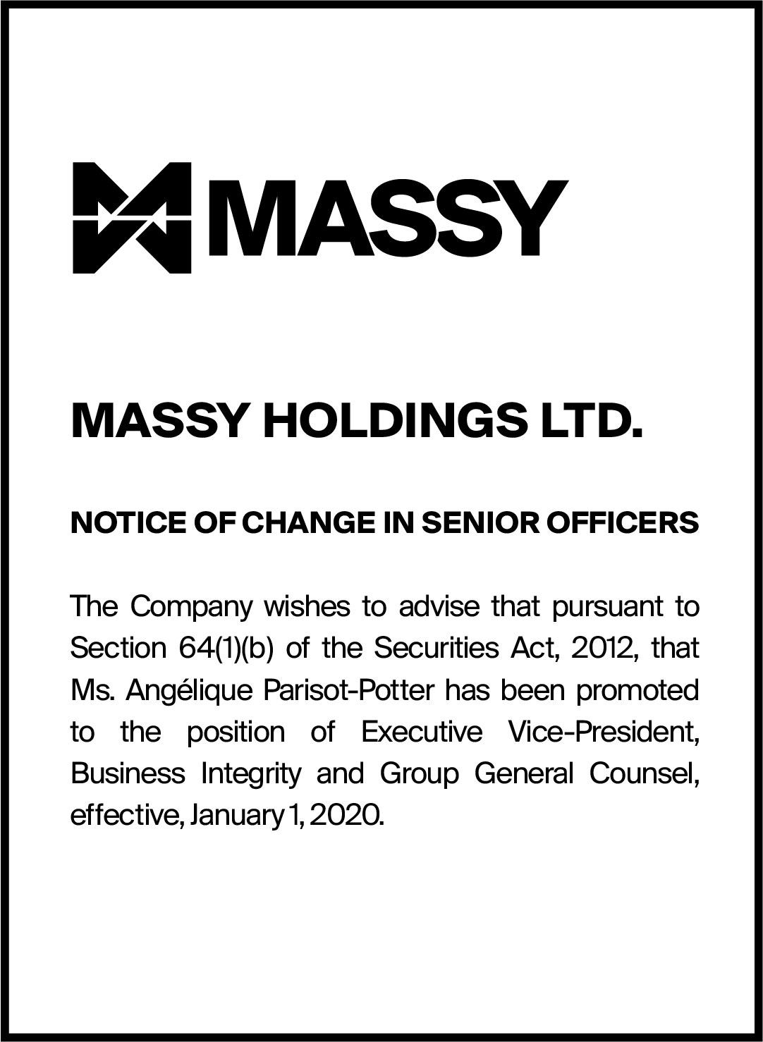Notice Of Change In Senior Officers – Angelique Parisot-Potter – Massy ...