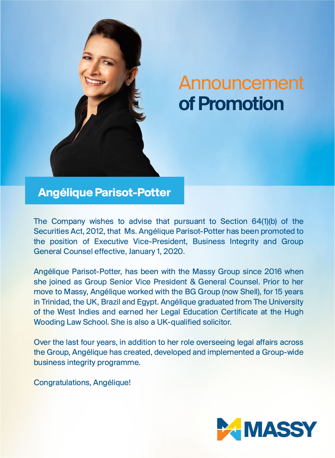 Announcement Of Promotion – Angelique Parisot-Potter – Massy Group