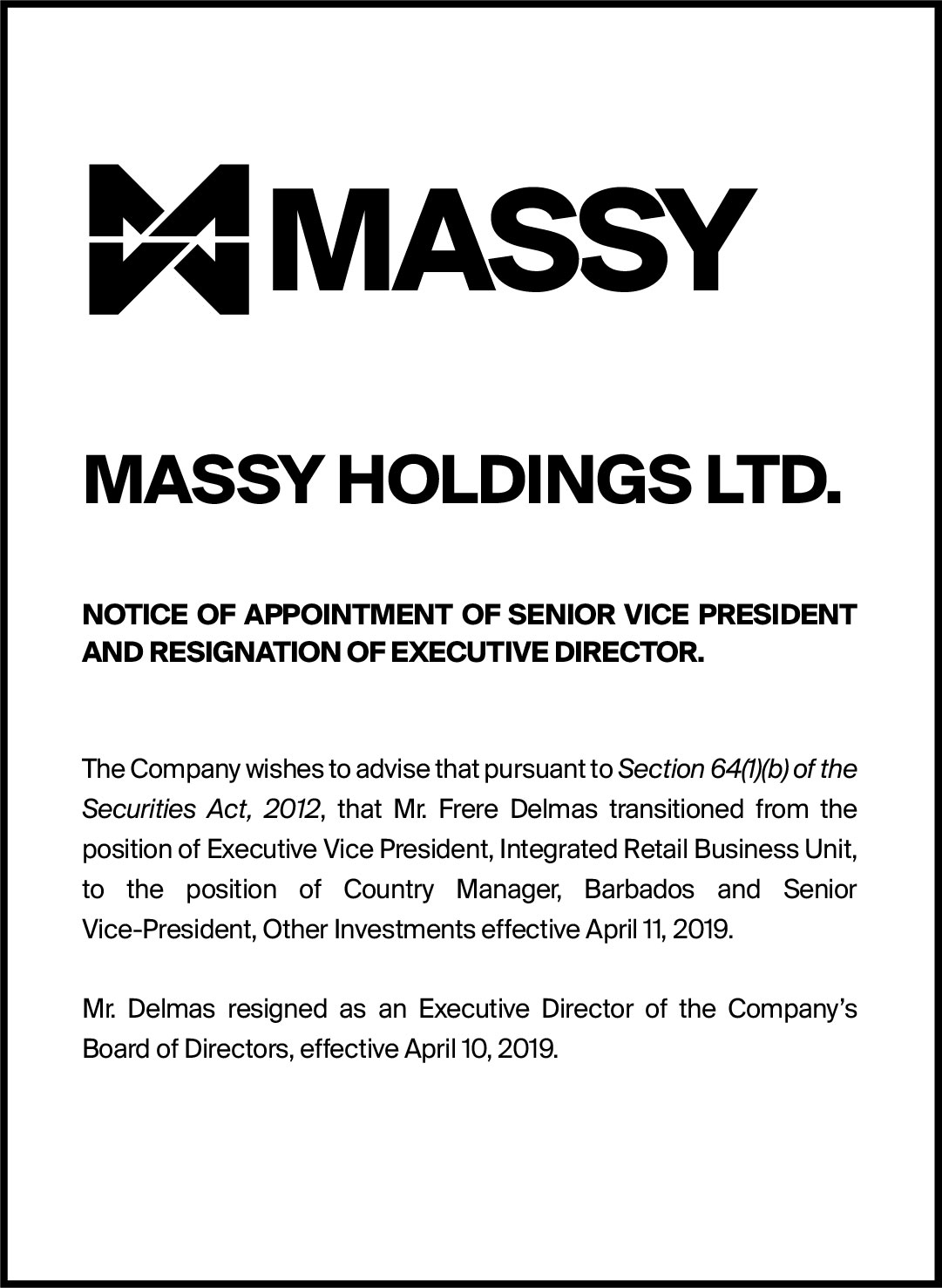 Notice of Appointment and Resignation – Massy Group