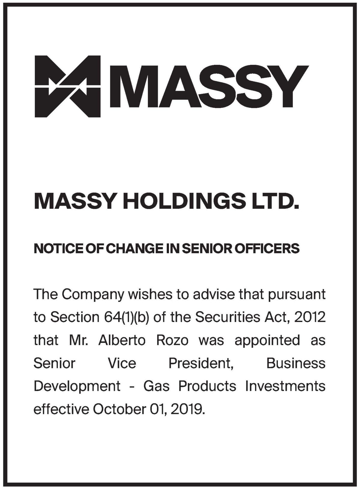 Notice Appointment of Senior Officer Alberto Rozo – Massy Group