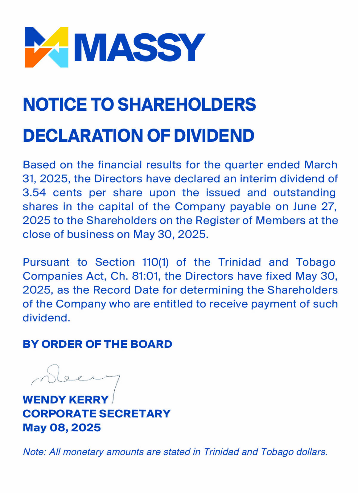 Declaration of Dividend – Massy Group